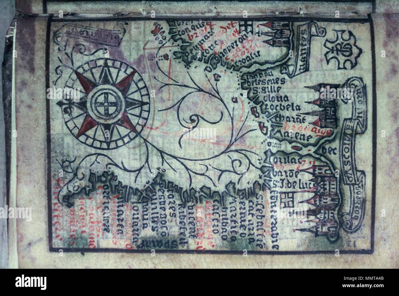 . French map of coastline of Gascony, printed on parchment with wood ...