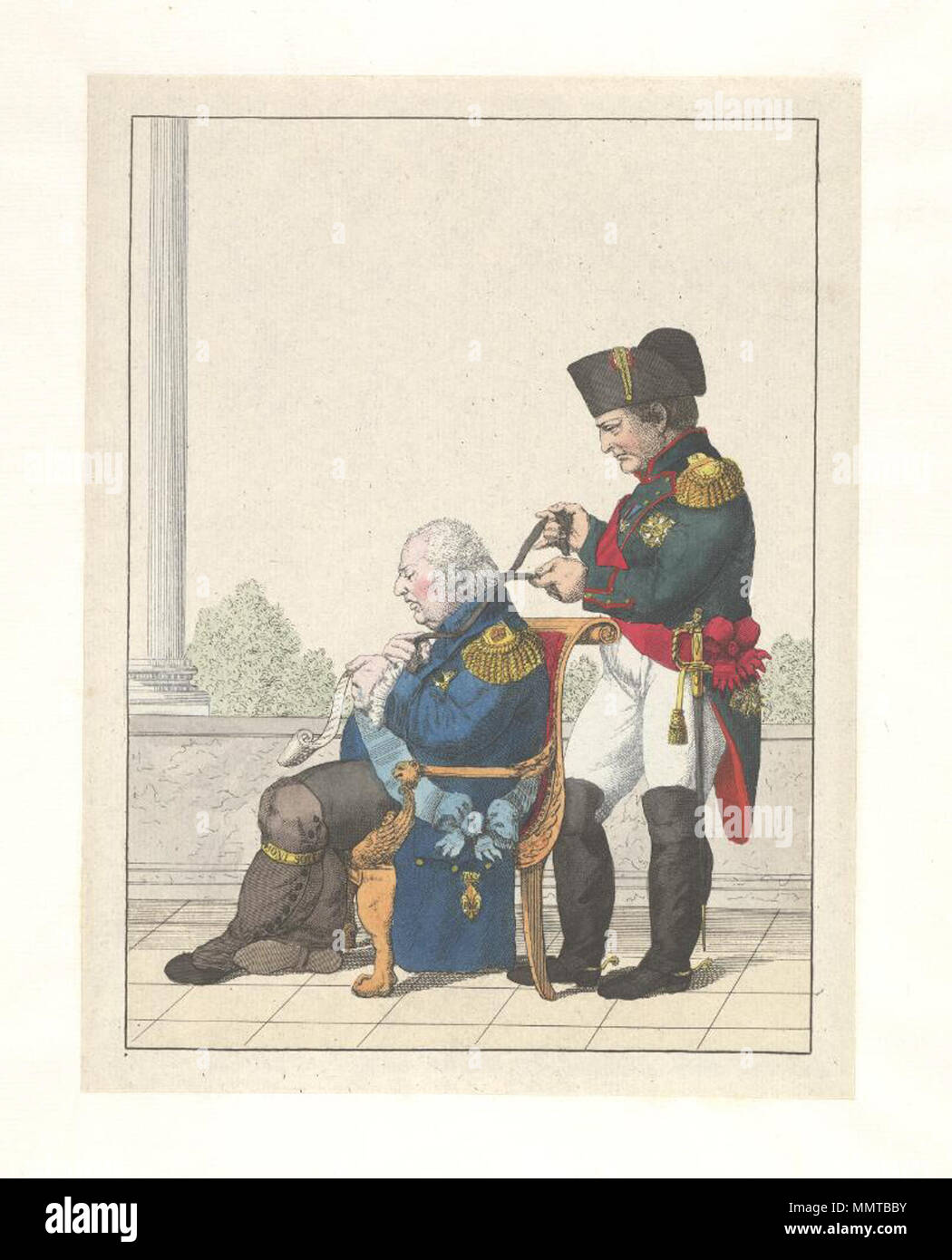 . French political cartoon; Louis XVIII is shown seated in Napoleon's ...