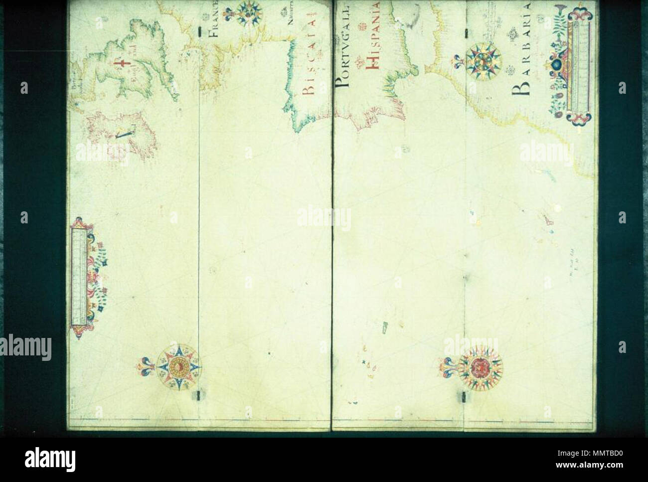 . John Burston's navigation chart: scale bars are of 100 leagues, at 20 ...
