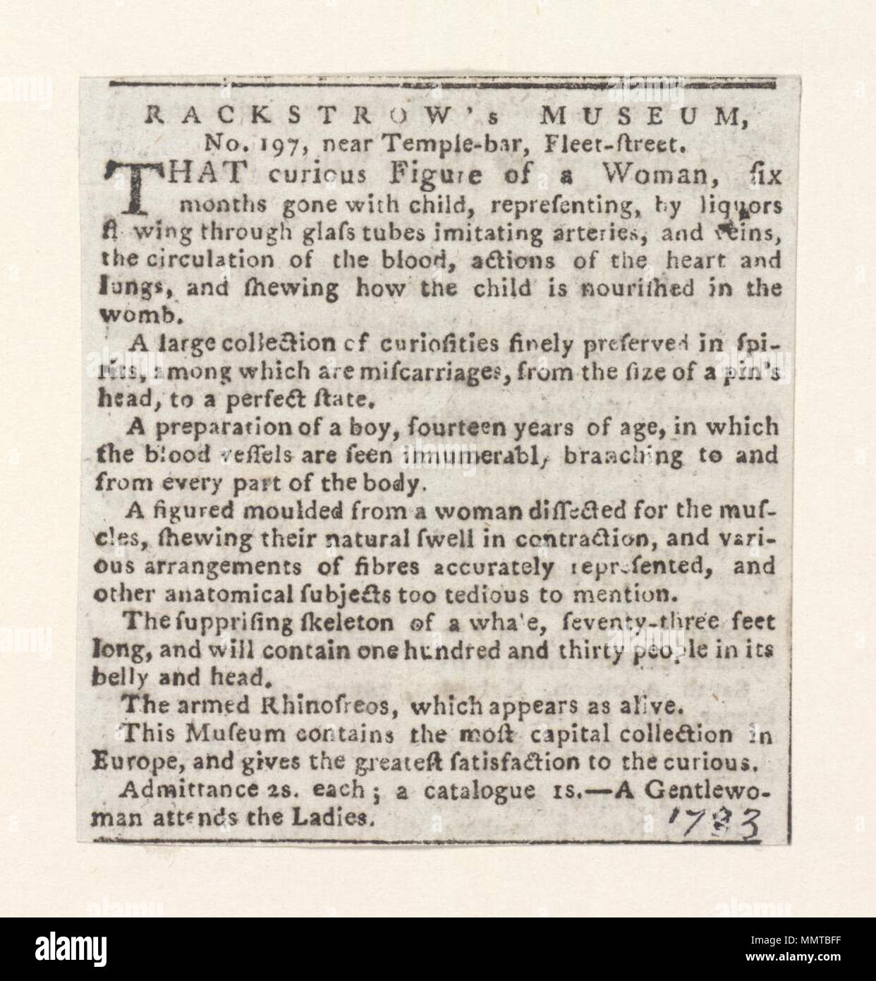 . Newscutting relating to Rackstrow's Museum announcing a Curious ...