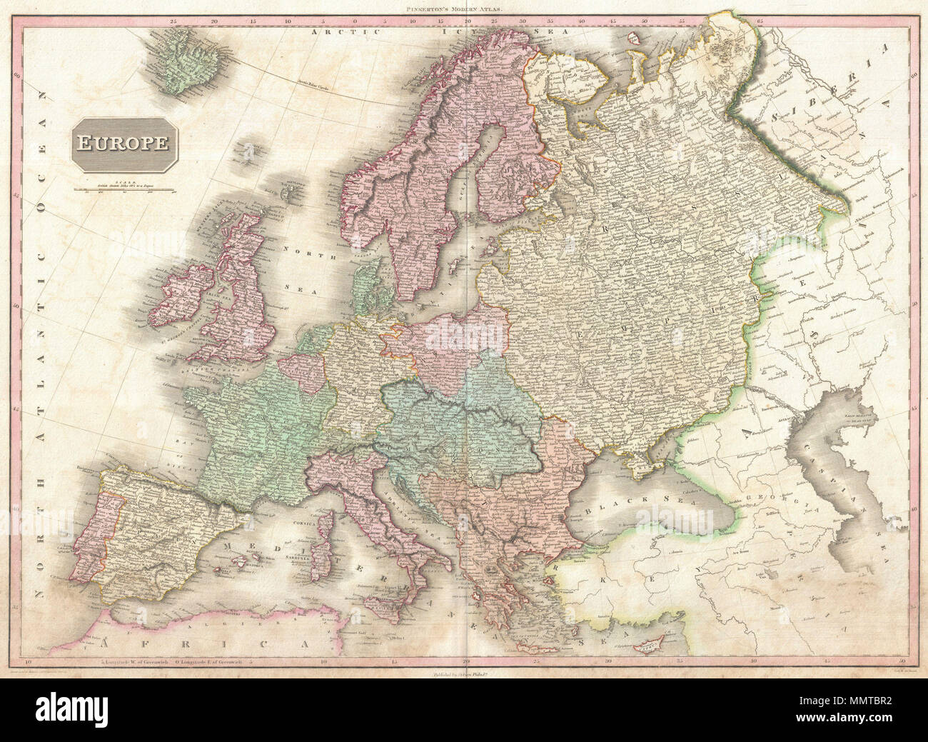 . English: Pinkerton's extraordinary 1818 map of Europe. Covers Europe ...