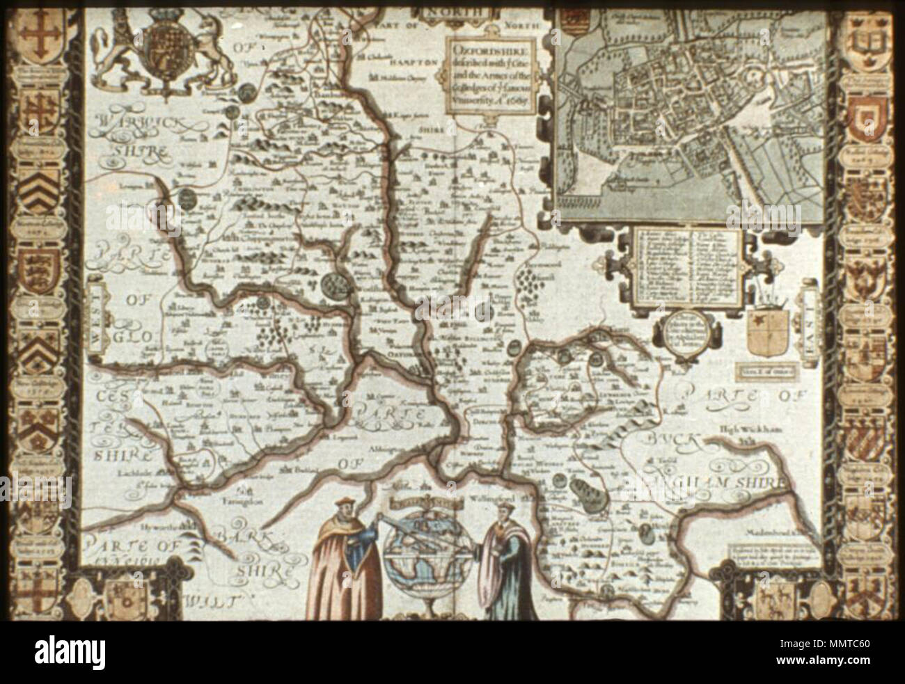. Map of the county with inset map of Oxford and framed by college ...