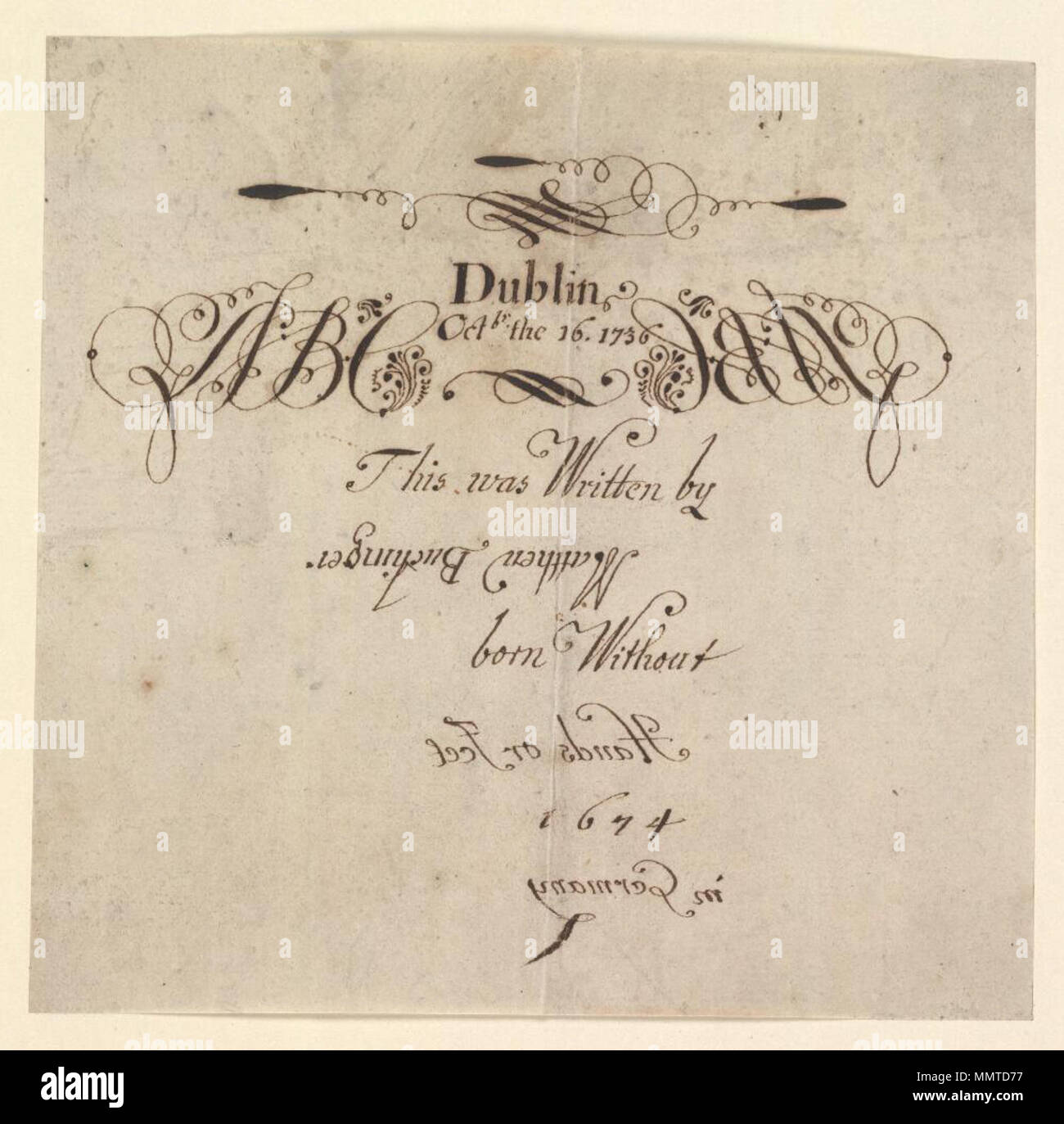 . Writing specimen by Matthew Buchinger, done in Dublin; [Specimen of ...