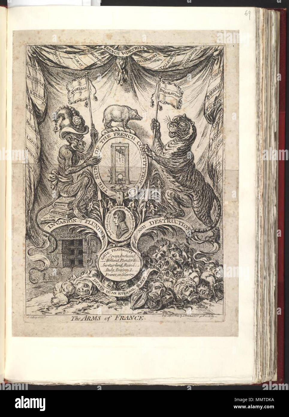 . Caricature of Napoleon I. (British political cartoon) The arms of ...