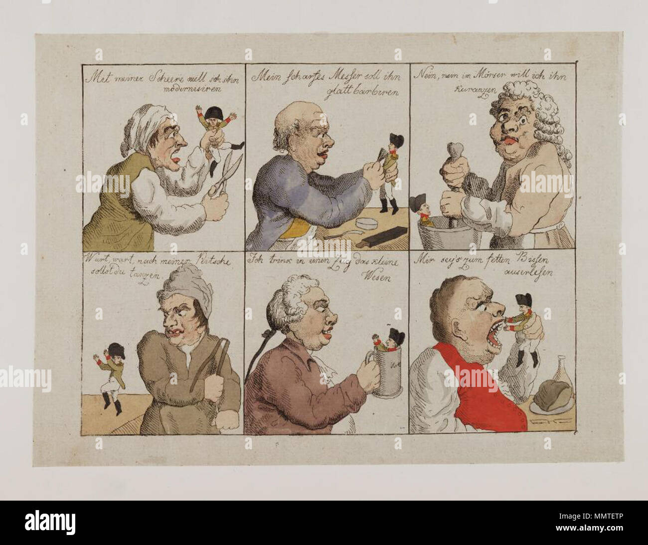 . German political cartoon; Different trades show how they will treat ...