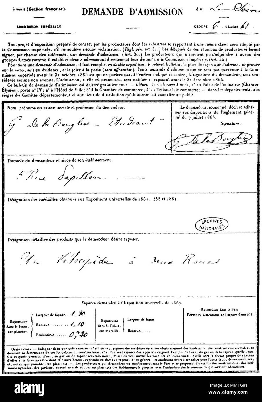 . English: Application form for Paris World Fair 1867 . 6 October 1865 ...
