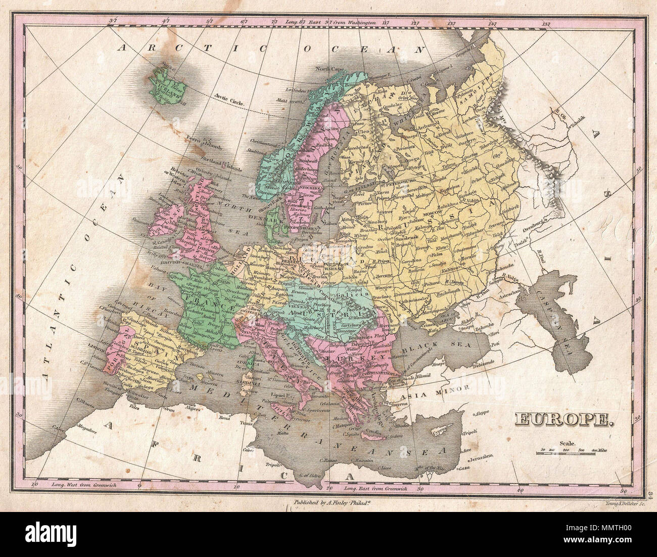 . English: A beautiful example of Finley's 1827 map of Europe. Covers ...