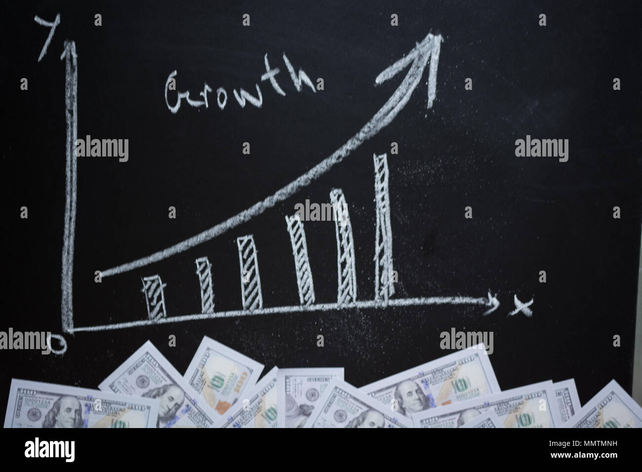 Bar graph on blackboard with US currency Stock Photo - Alamy