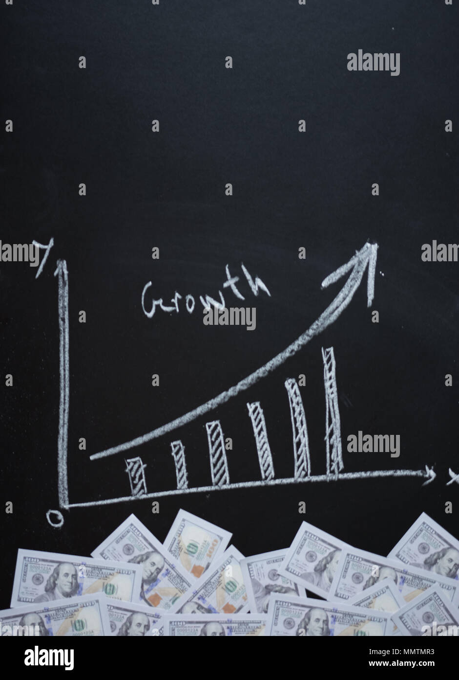 Bar graph on blackboard with US currency Stock Photo - Alamy