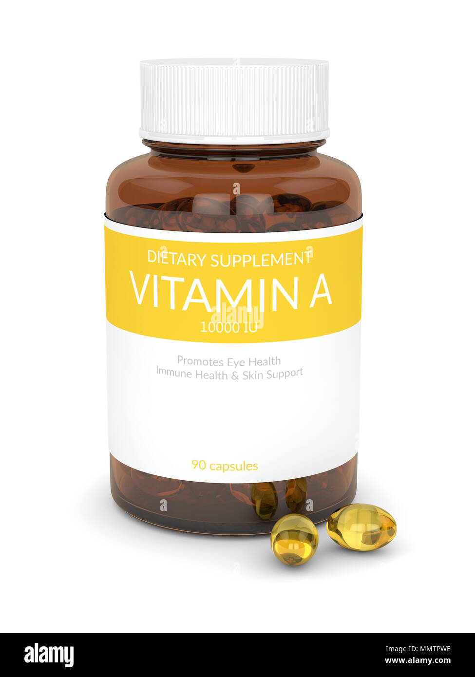 3d rendering of vitamin A bottle with capsules on white background ...