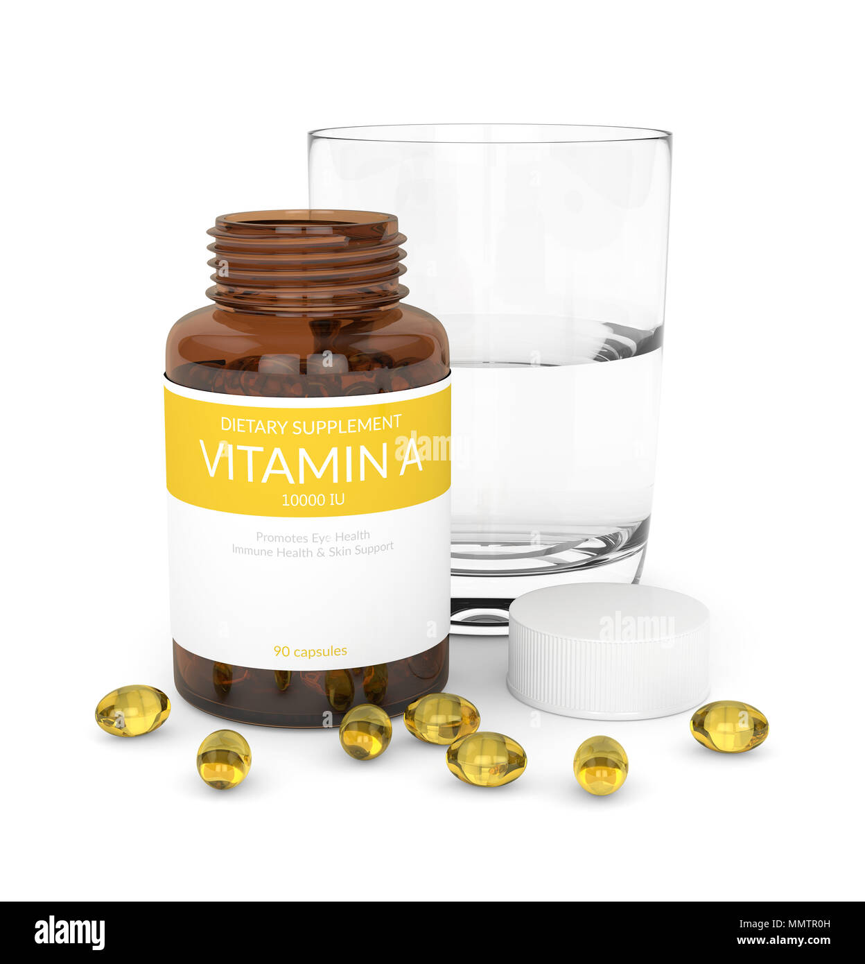 3d rendering of vitamin A capsules with bottle and glass on white ...