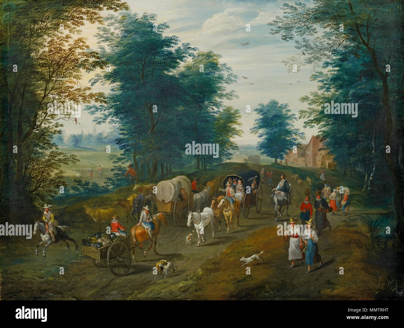 English: Wide landscape with travellers crossing a passage . between ...