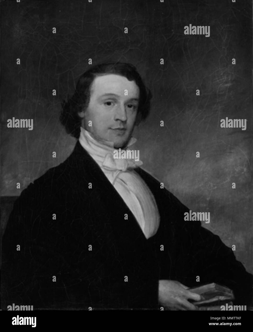 . Black and white reproduction of an oil portrait of George Edward ...