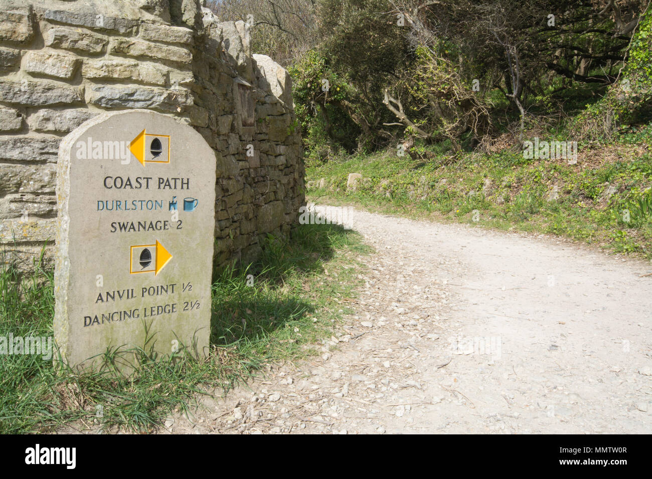 Milestone on the coastal path at Durlston Country Park and National ...
