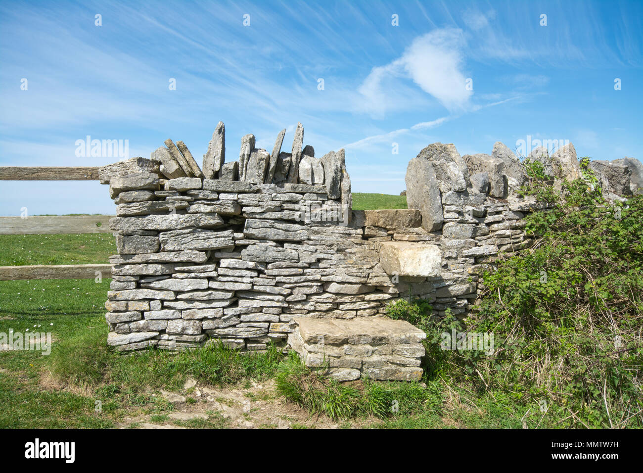 Dry stone wall and stile at Durlston Country Park and National Nature ...
