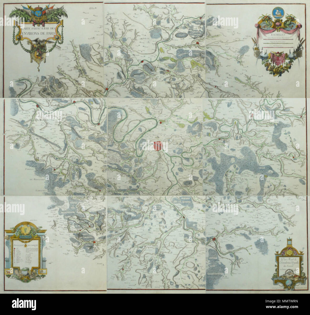 . English: A 1678 reprint of the 1674 map of Paris, printed across 9 ...