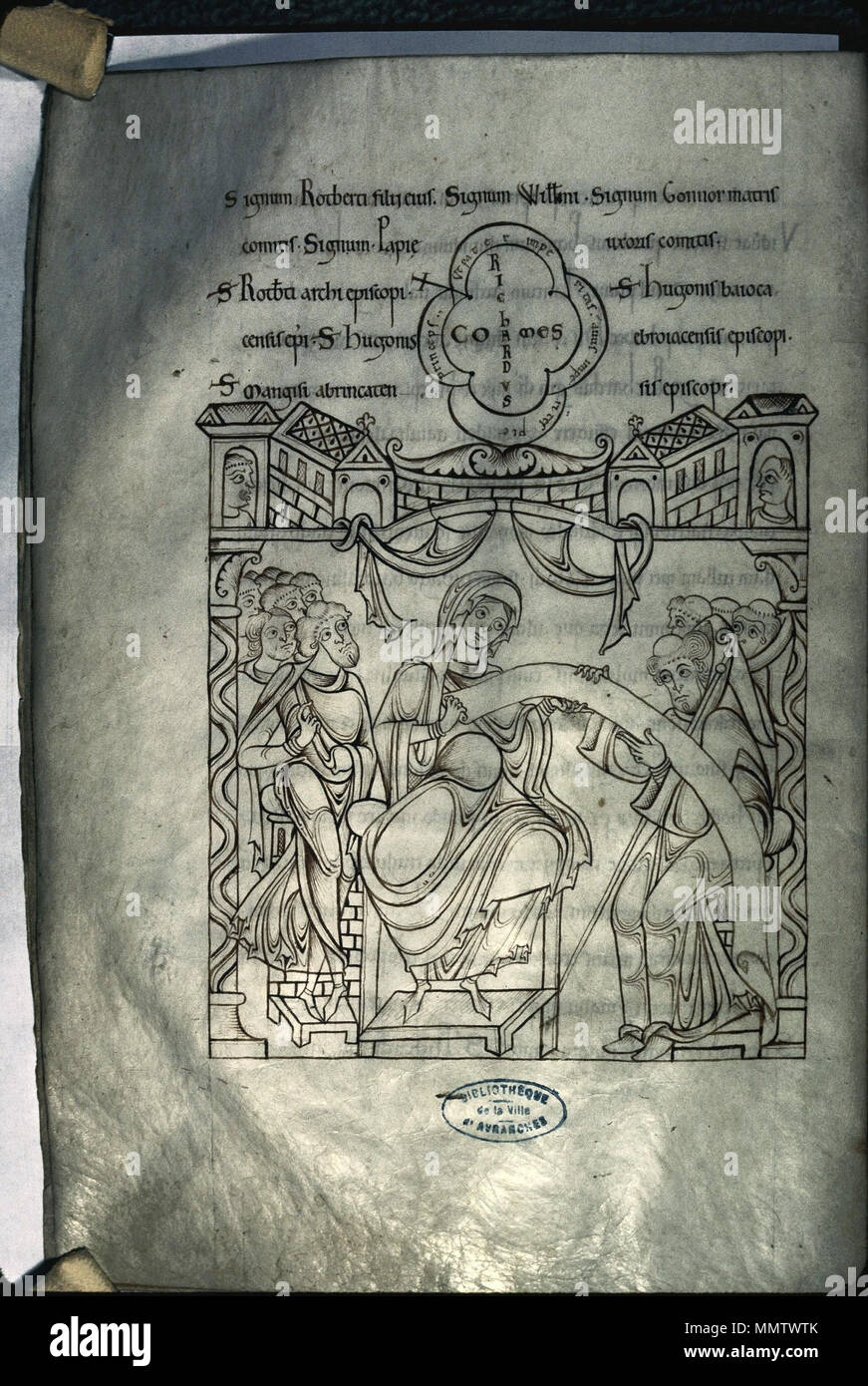 Français : La donation de la duchesse Gonnor, miniature du cartulaire ...