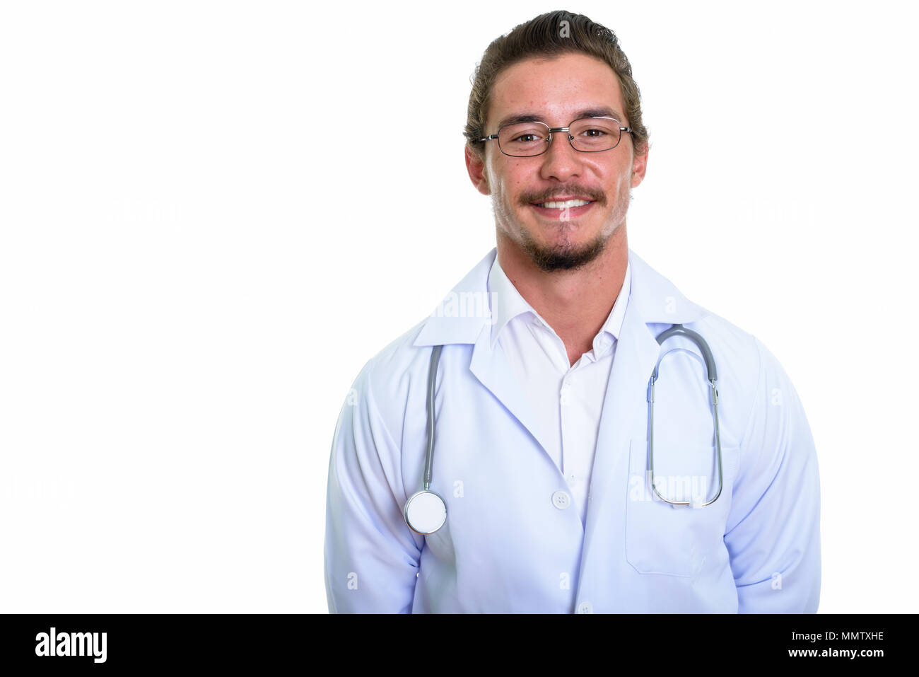 Close up of young happy man doctor smiling with eyeglasses isola Stock ...