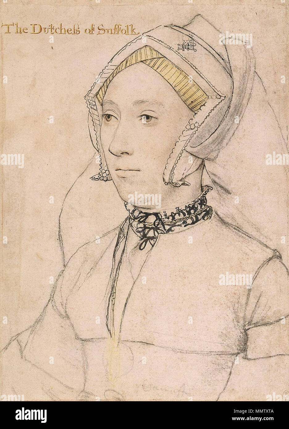 . English: Portrait of Katherine, Duchess of Suffolk. Black and ...