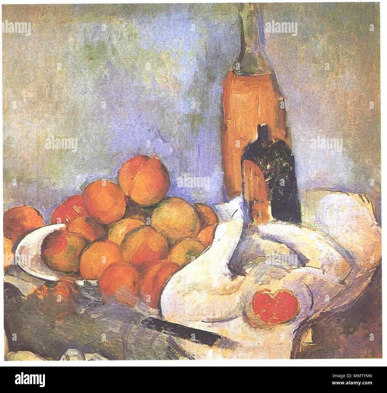 French: Bouteilles et pêches Still life with bottles and apples. 1890 ...