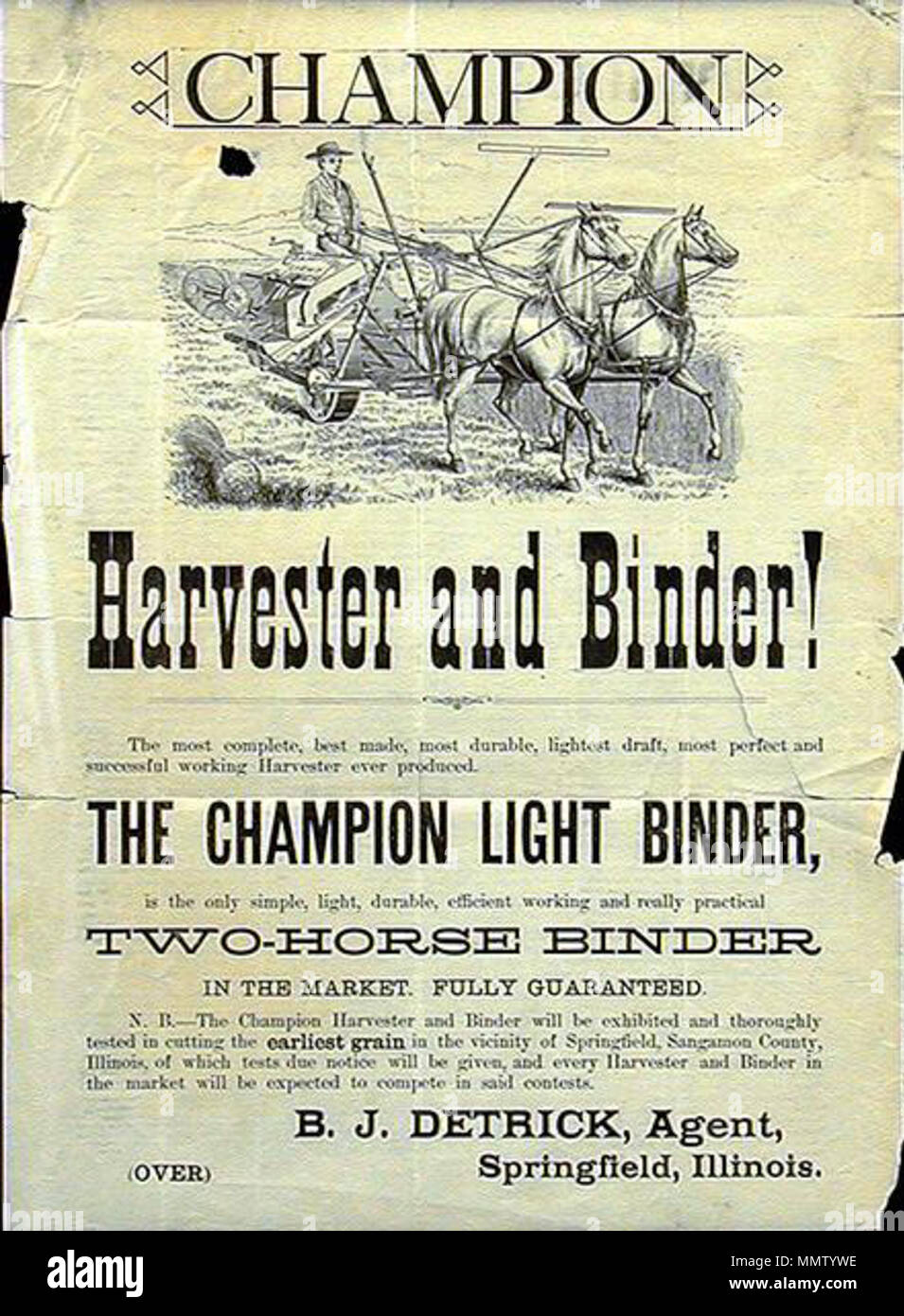 English: Champion Harvester and Binder , 1882, Advertising Handbill ...