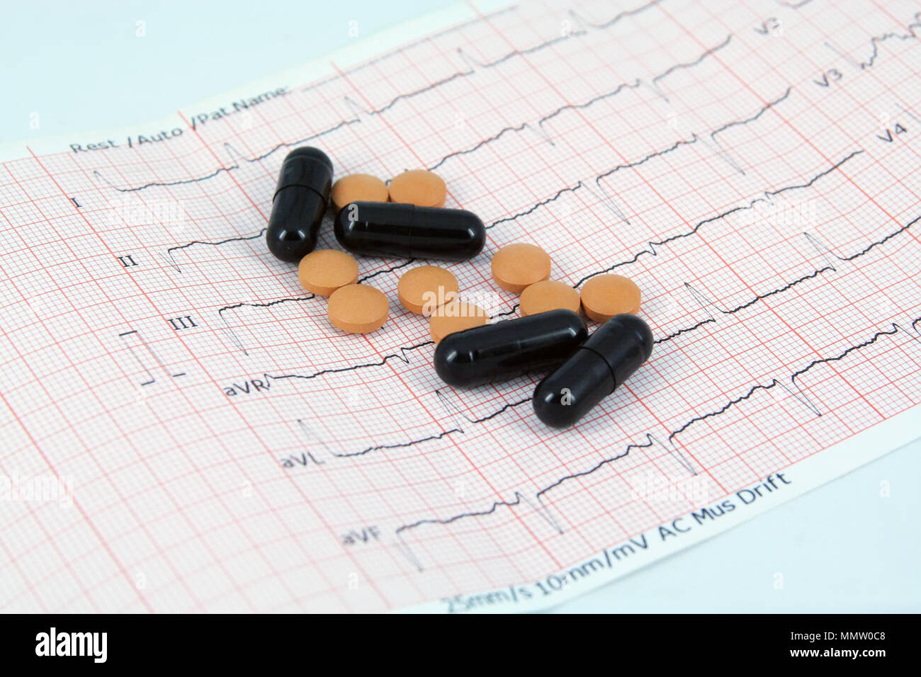 Medical pills and ECG tape. Pills and heart rate Stock Photo - Alamy