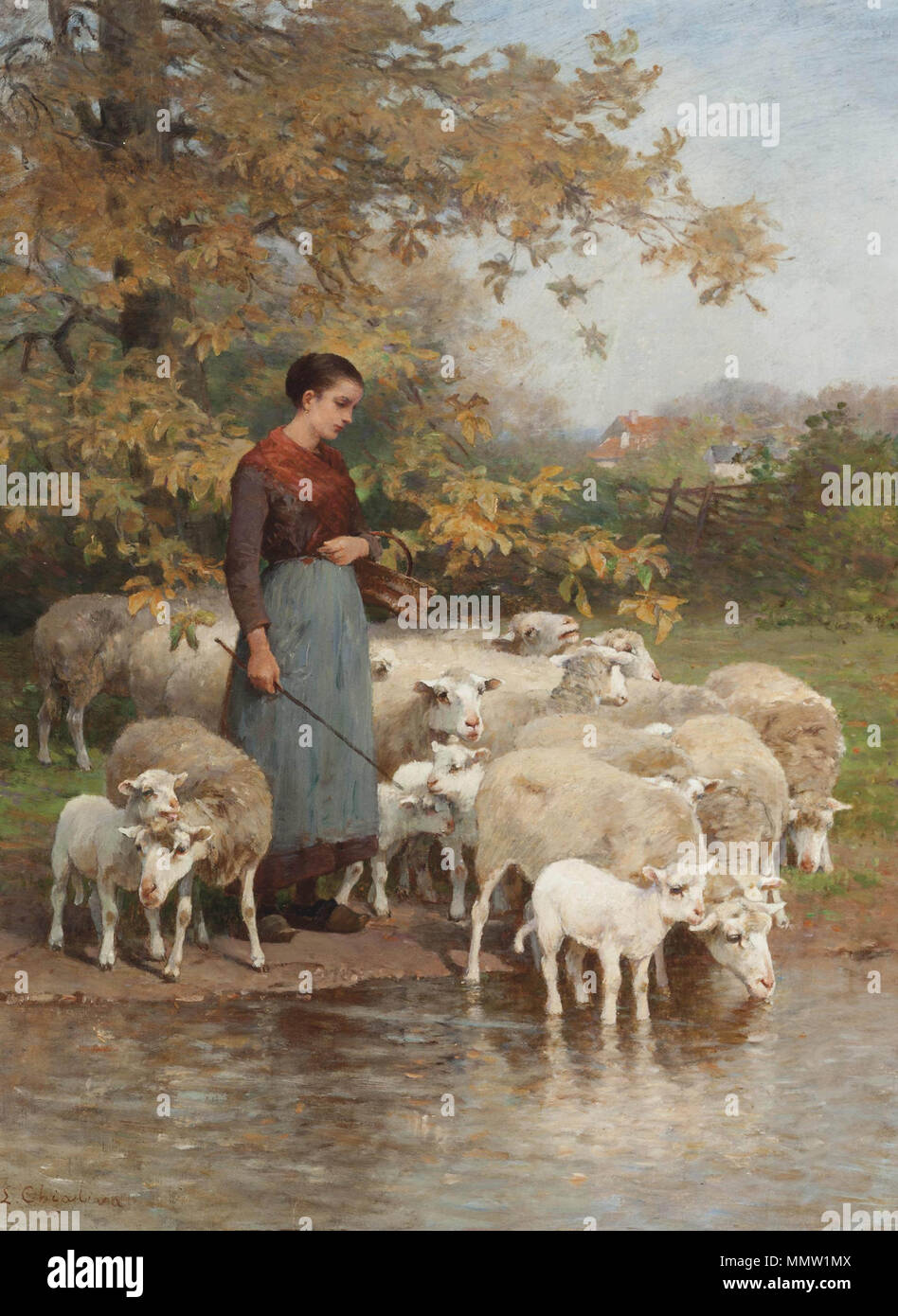 A shepherdess watering her flock Luigi Chialiva - A shepherdess ...