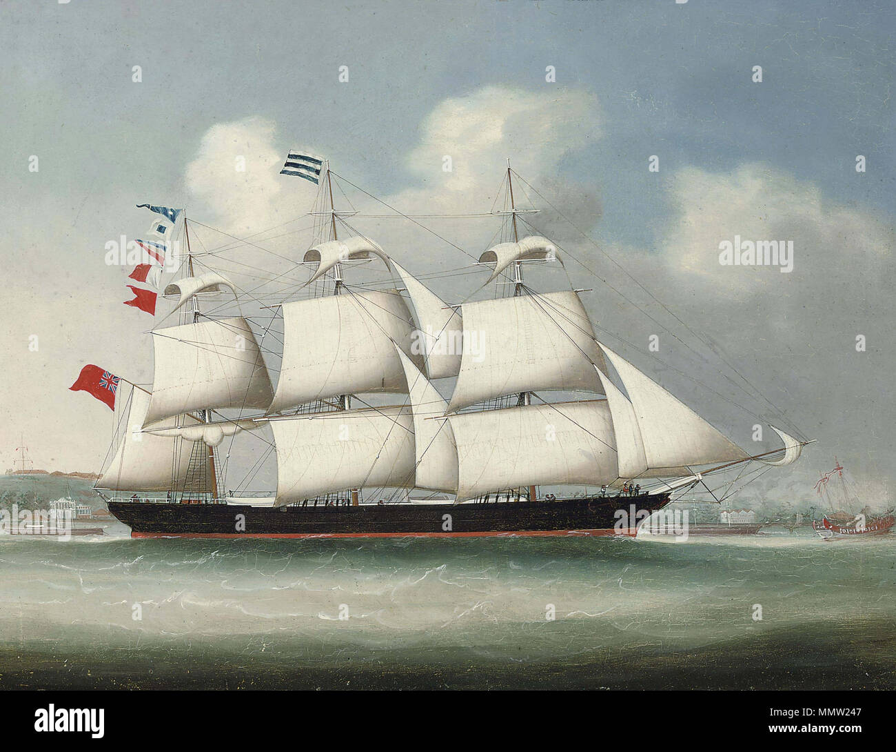 English: The iron full-rigger „Thomas Blythe“ signalling her number off ...