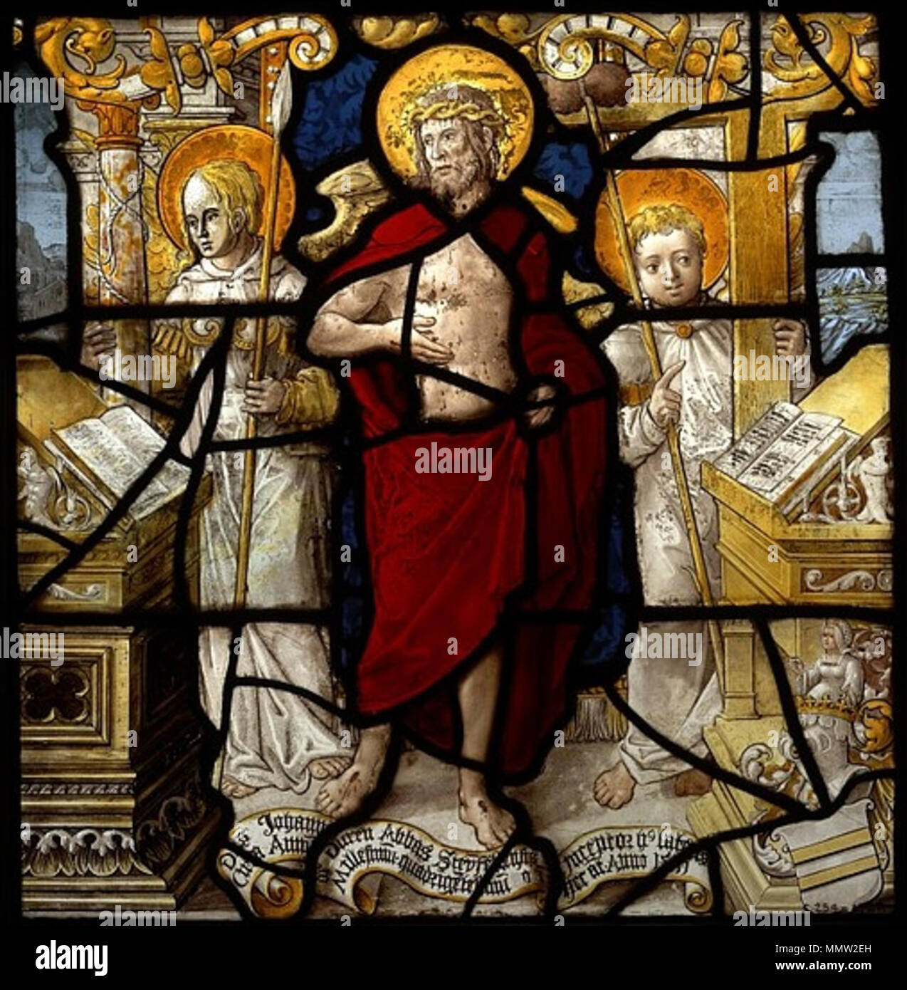 . English: Christ with angels, stained glass panel from Steinfeld Abbey ...