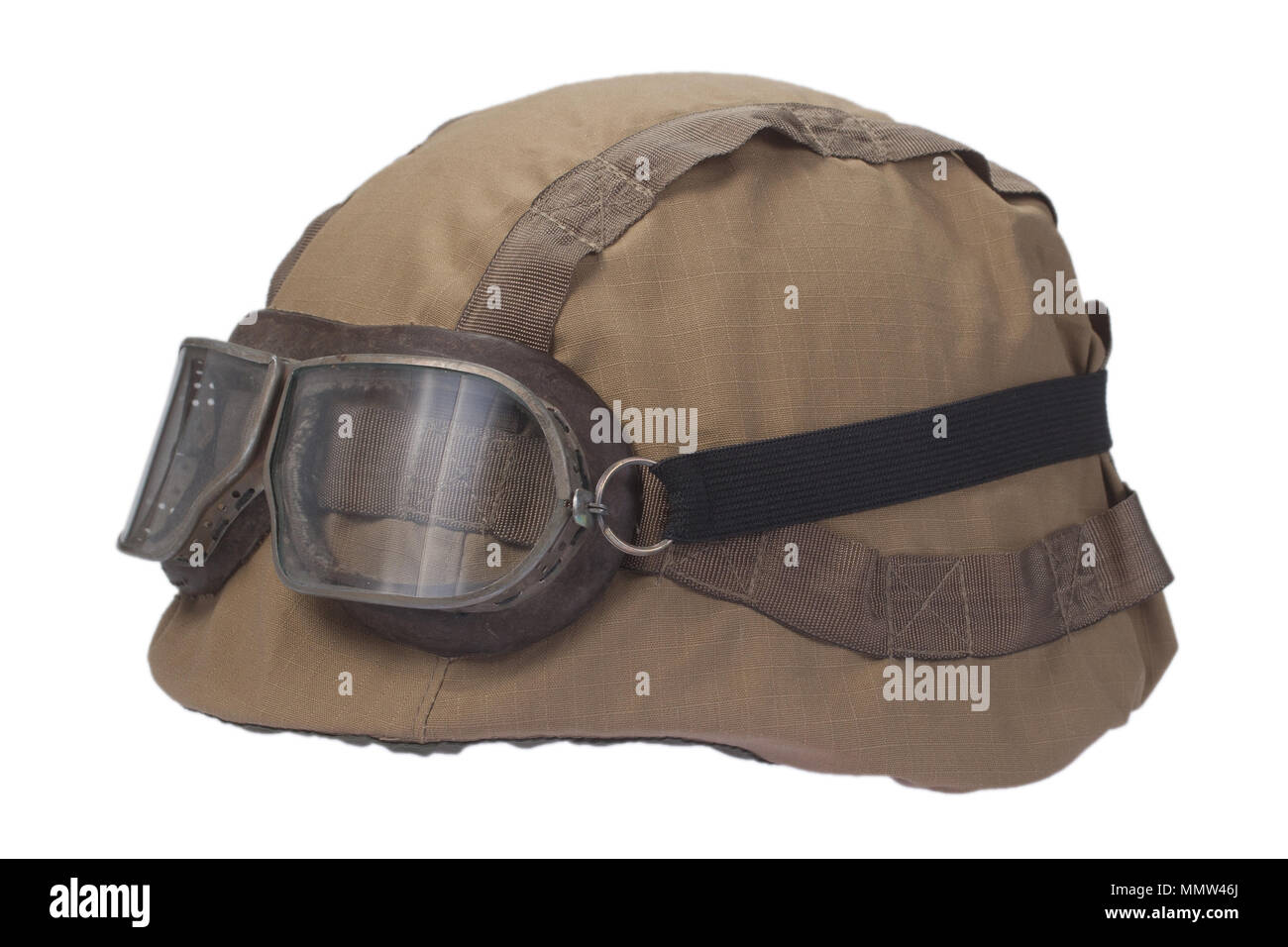 kevlar helmet with camouflage cover and protective goggles Stock Photo ...