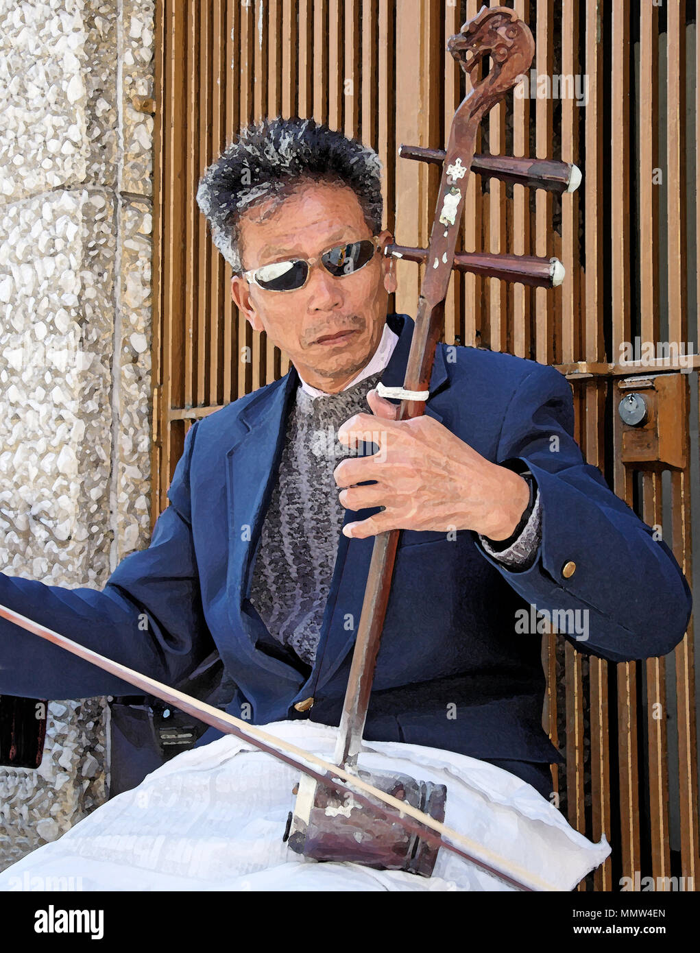 San Francisco Chinatown street musician on Stockton Street playing a ...
