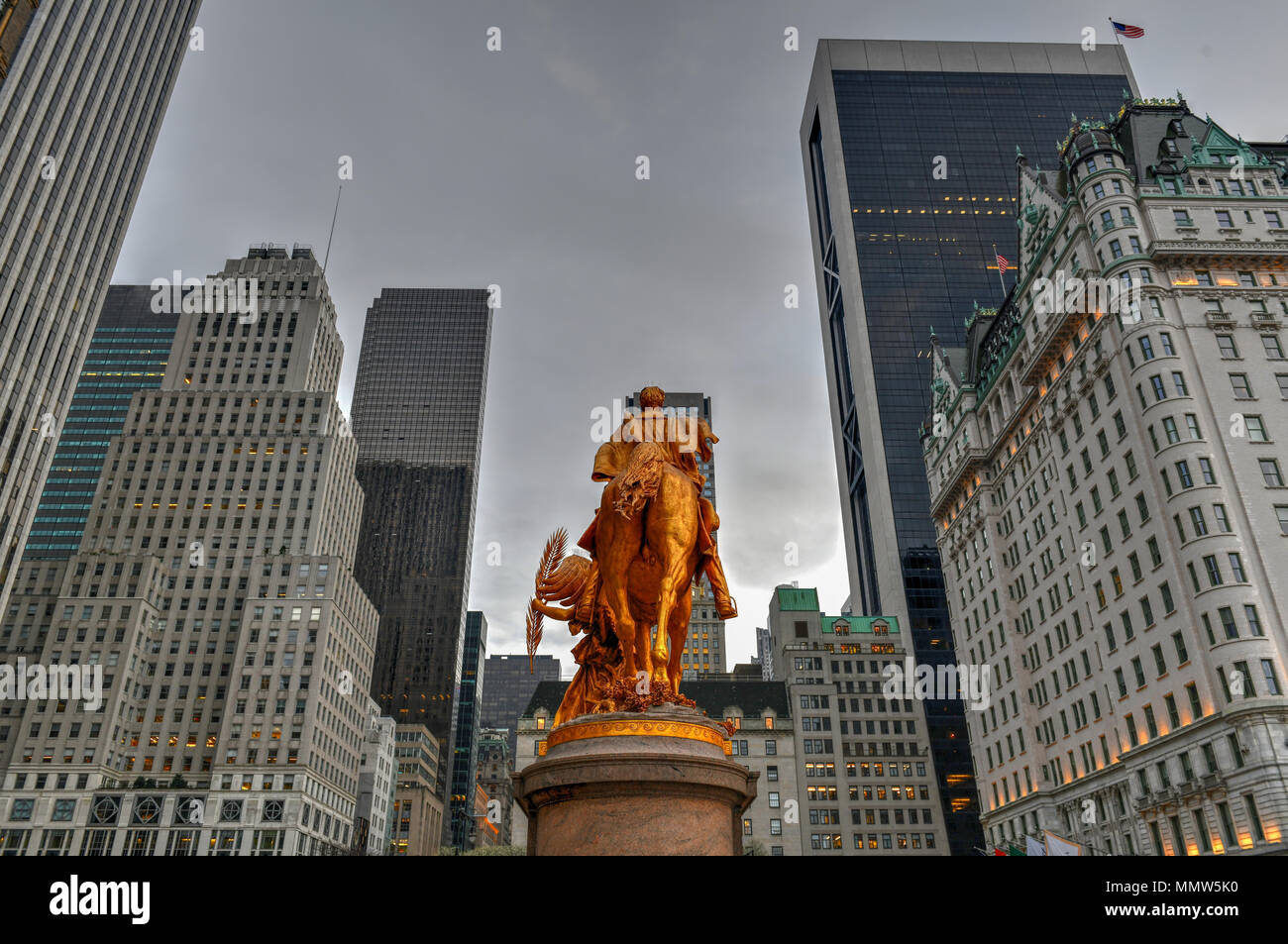 Golden statue of General William Tecumseh Sherman in Central Park, New ...