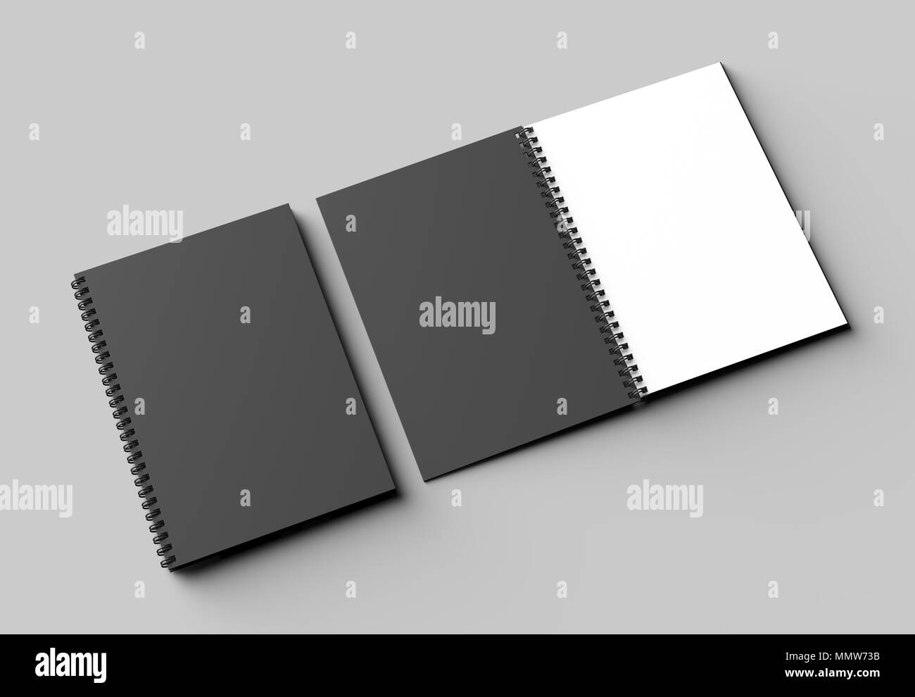 Spiral binder notebook mock up with black cover isolated on soft gray ...