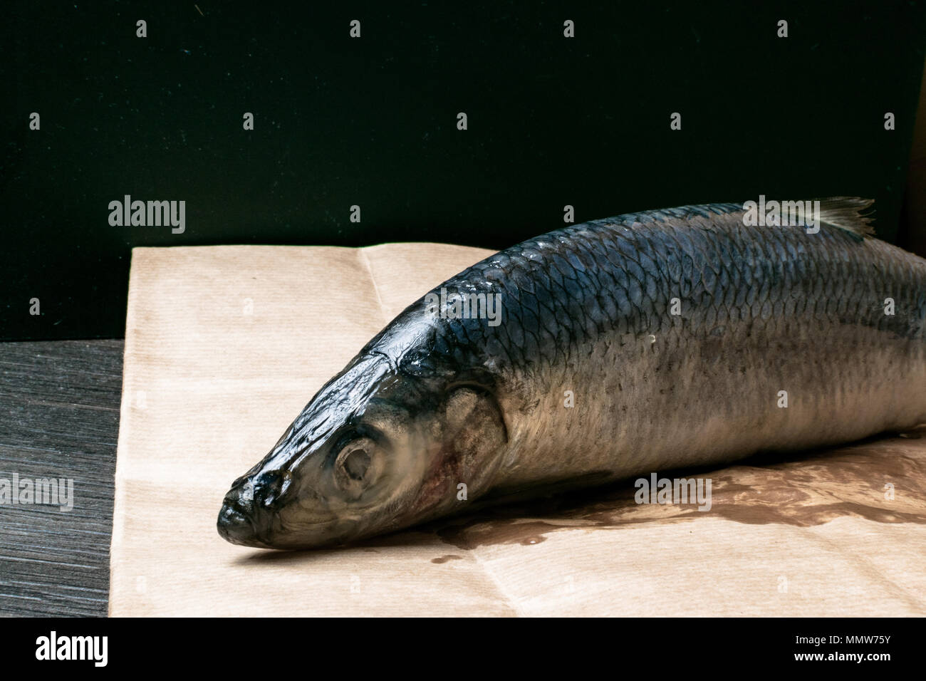 Salted dry fresh herring fish on an paper bag background. Rustic style ...
