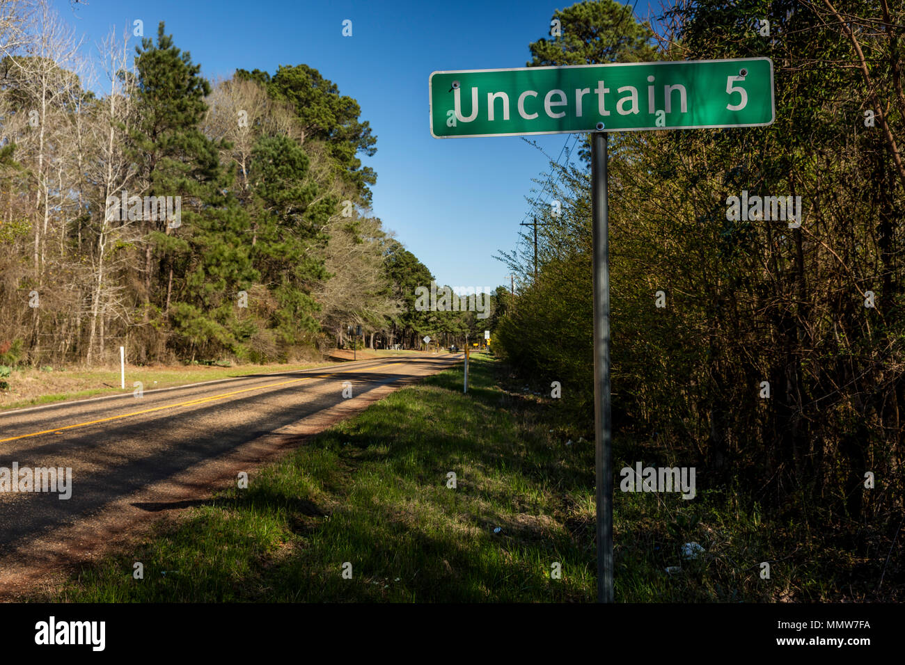 Road sign to Uncertain Texas Stock Photo - Alamy