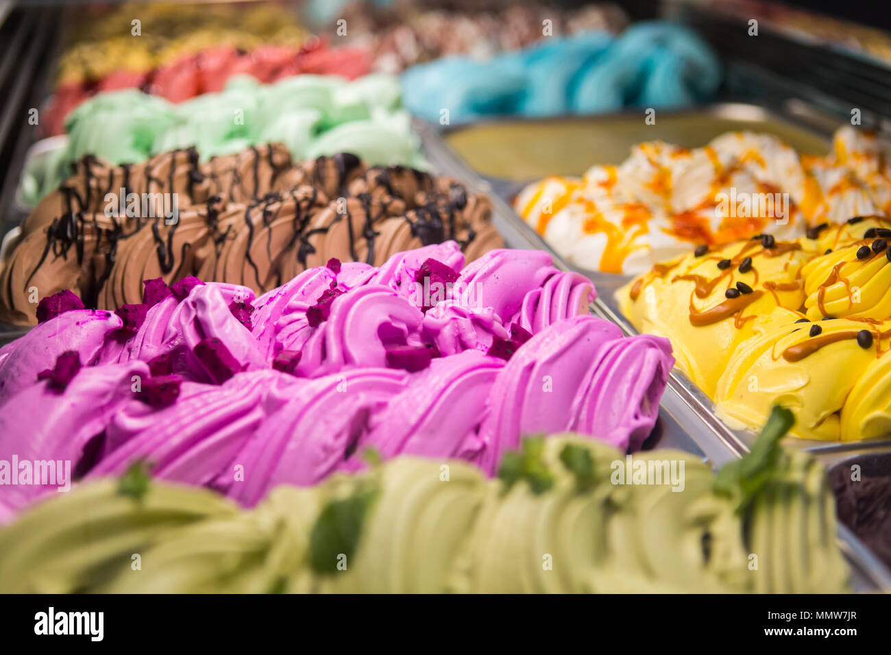 Close up picture of different gelato on display Stock Photo - Alamy