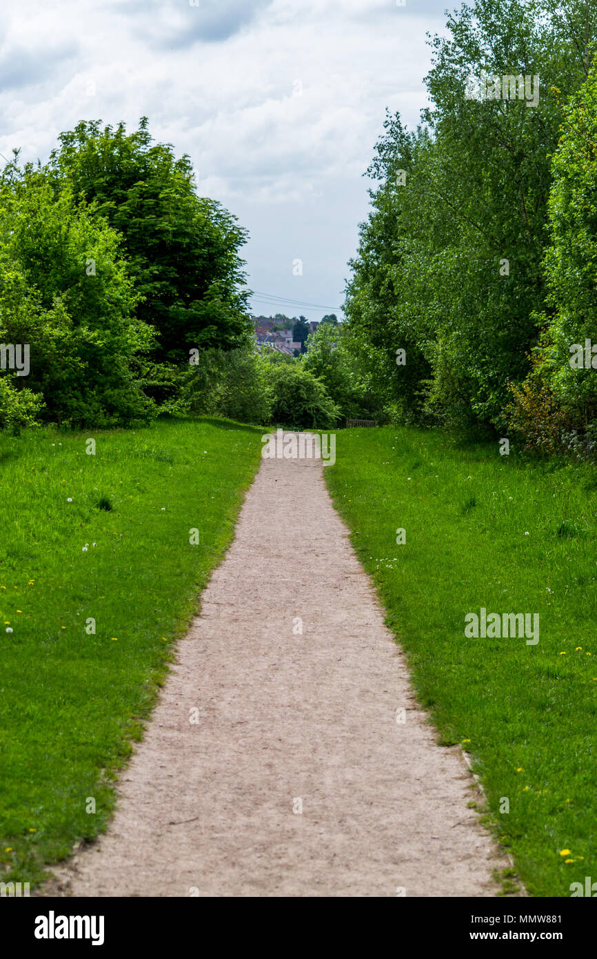 A gravel path running between trees with houses on the horizon Stock ...