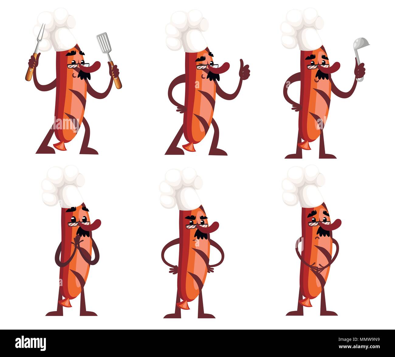 Set of grill sausage character design. Sausage mascot holds kitchen ...