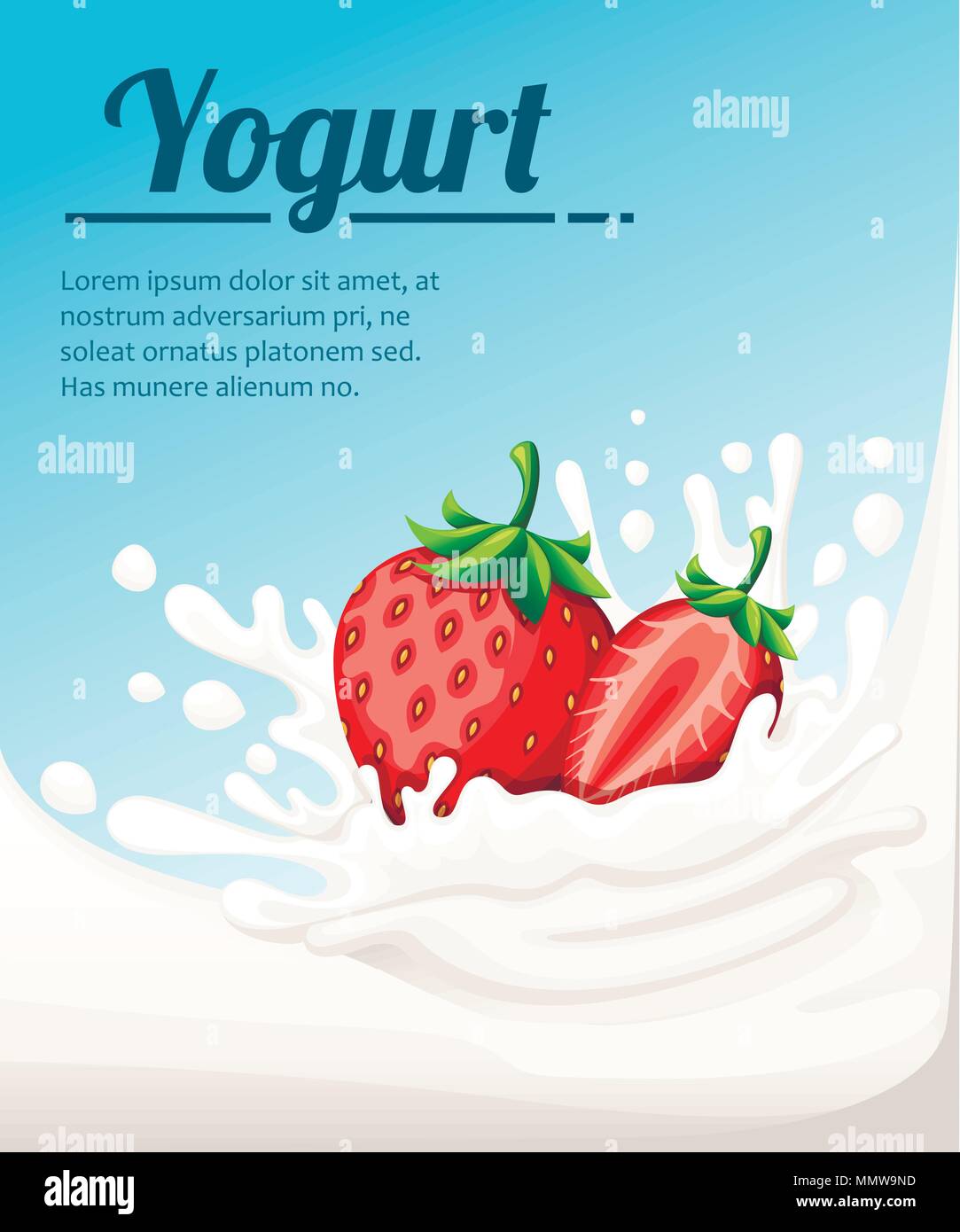 Strawberry flavored yogurt. Milk splashing and strawberry berries ...