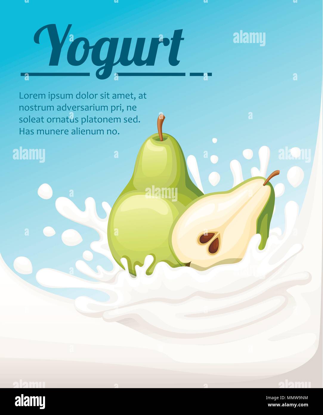 Pear flavored yogurt. Milk splashing and pear fruit. Yogurt ads in flat ...