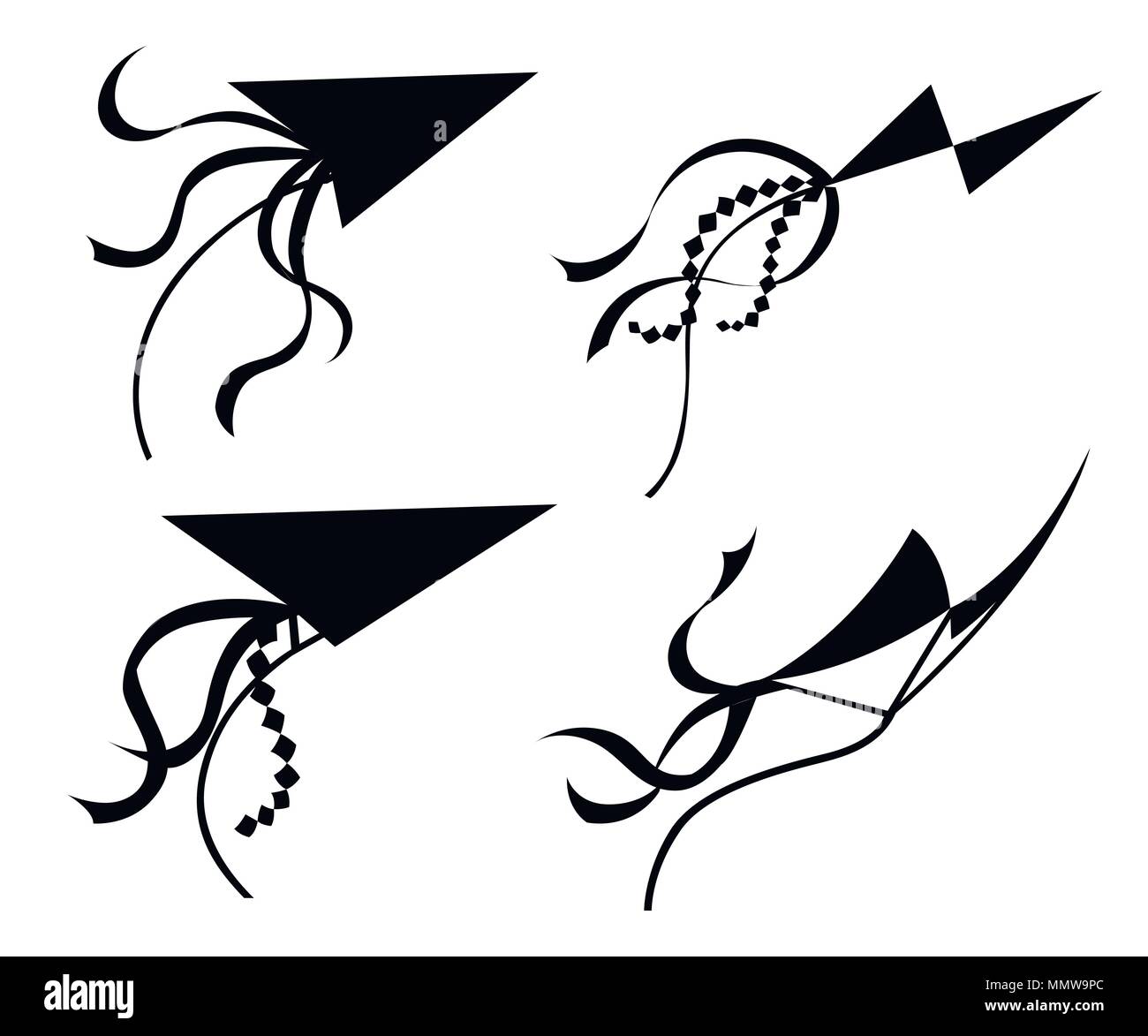 Black silhouette. Kite set. Outdoor summer activity objects. Cute ...