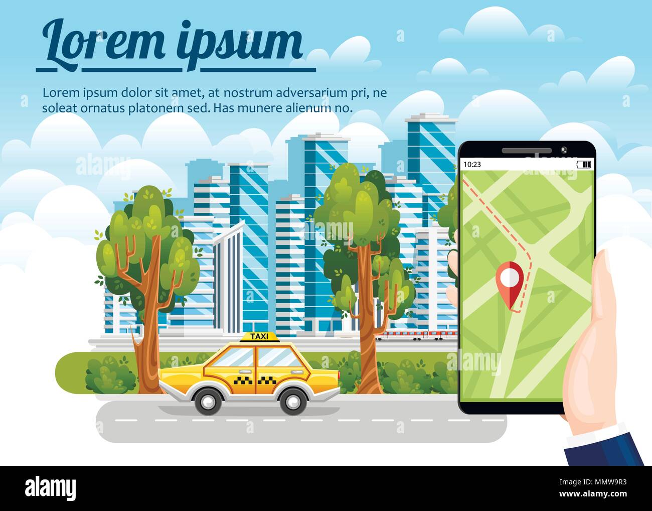 Booking taxi via mobile app. City skyscrapers, airplane ,air balloon ...