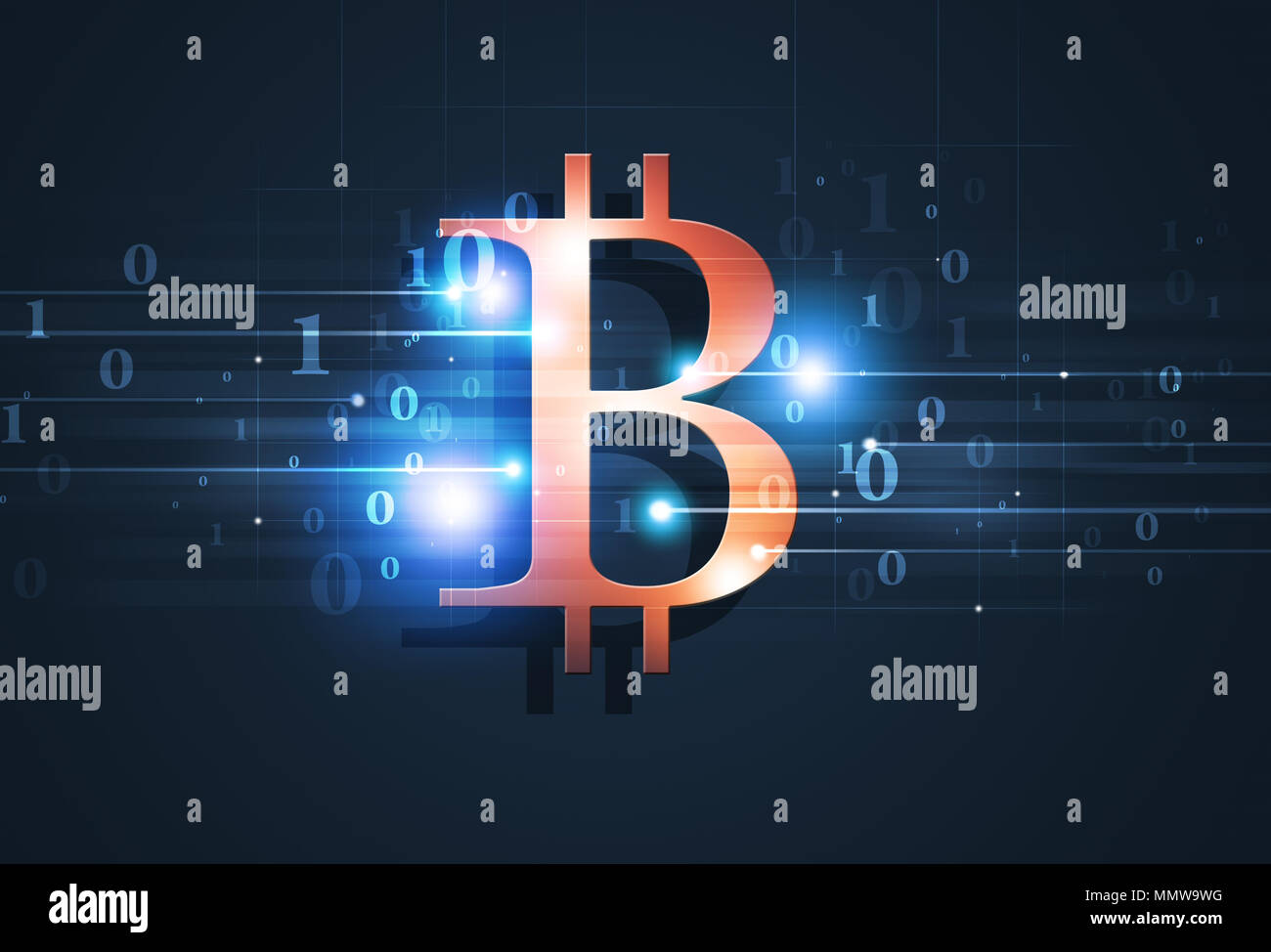 abstract technology bitcoin and binary code on blue business background ...