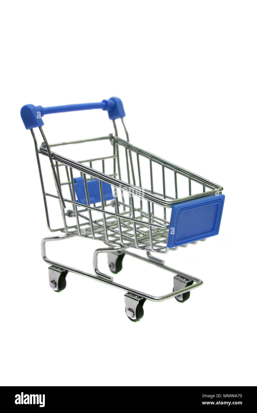 miniature blue trolley supermarket isolated on white background Stock ...