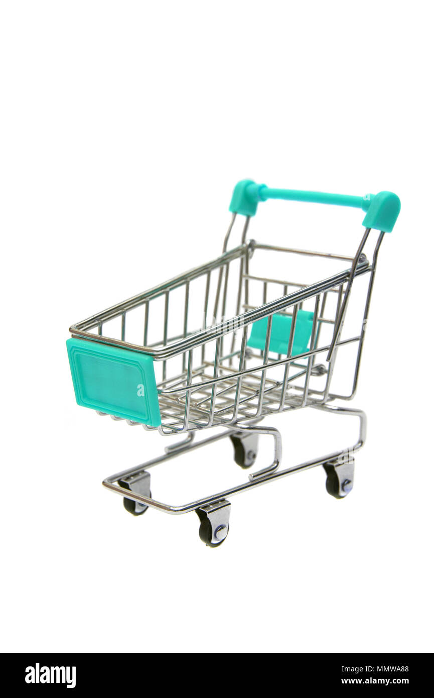 miniature blue trolley supermarket isolated on white background Stock ...