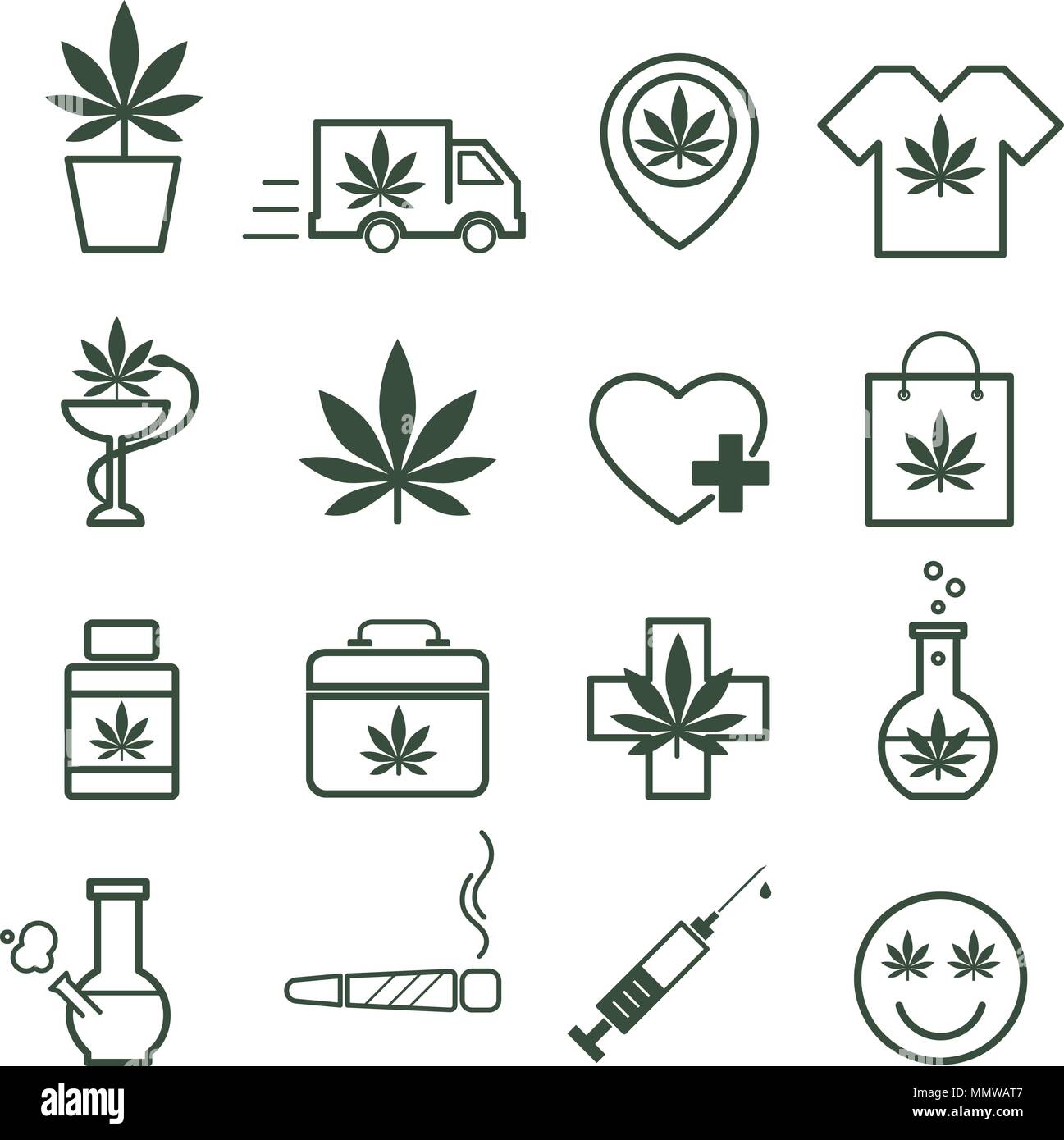 Marijuana, Cannabis icons. Set of medical marijuana icons. Marijuana ...