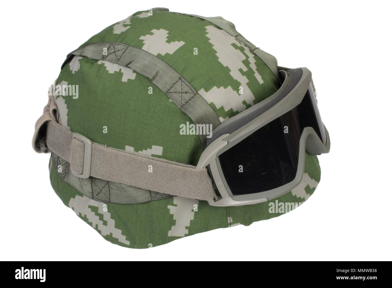 kevlar helmet with camouflage cover and protective goggles Stock Photo ...