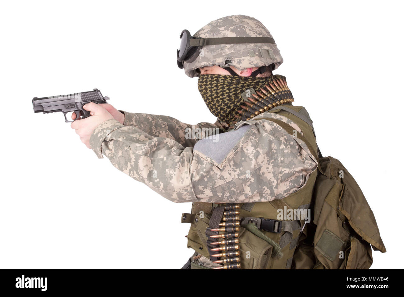 US soldier with hand gun on white background Stock Photo - Alamy