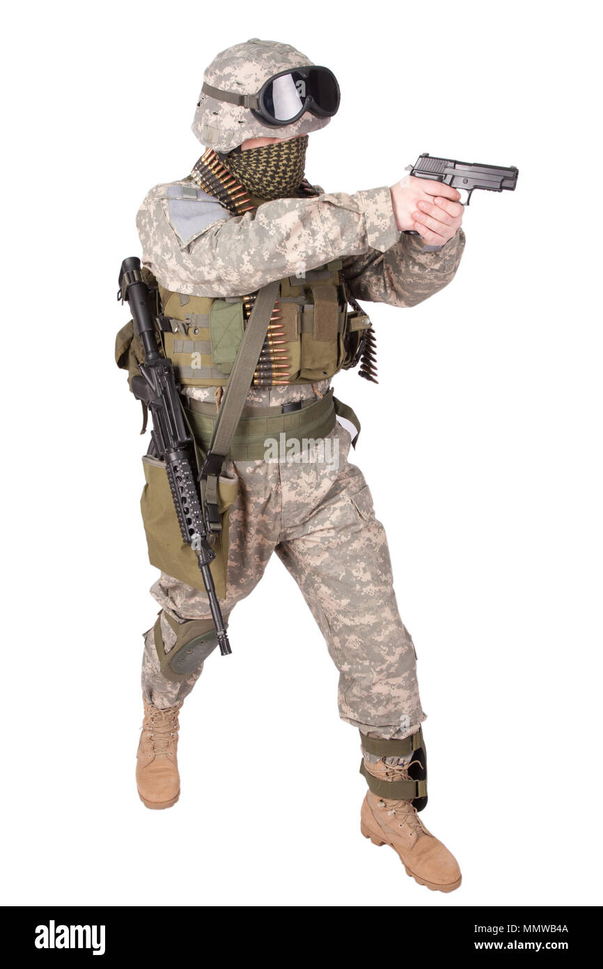 US soldier with hand gun on white background Stock Photo - Alamy