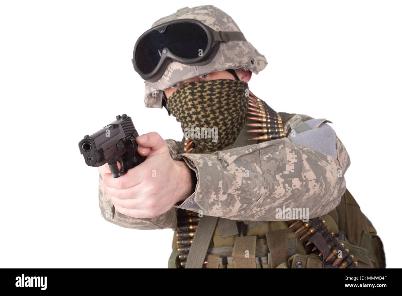 US soldier with hand gun on white background Stock Photo - Alamy